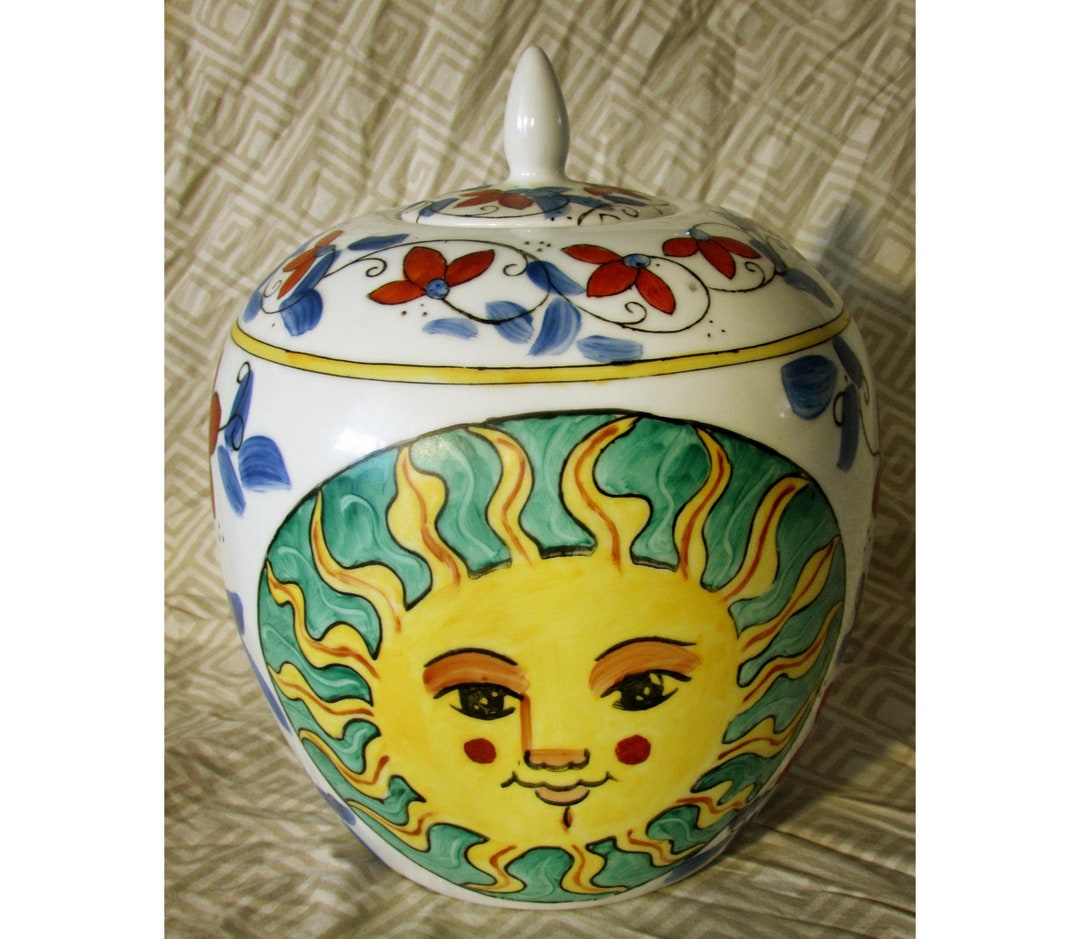 Chinese WBI Sunburst Ginger Jar Hand Painted Sun Face and Flowers With ...