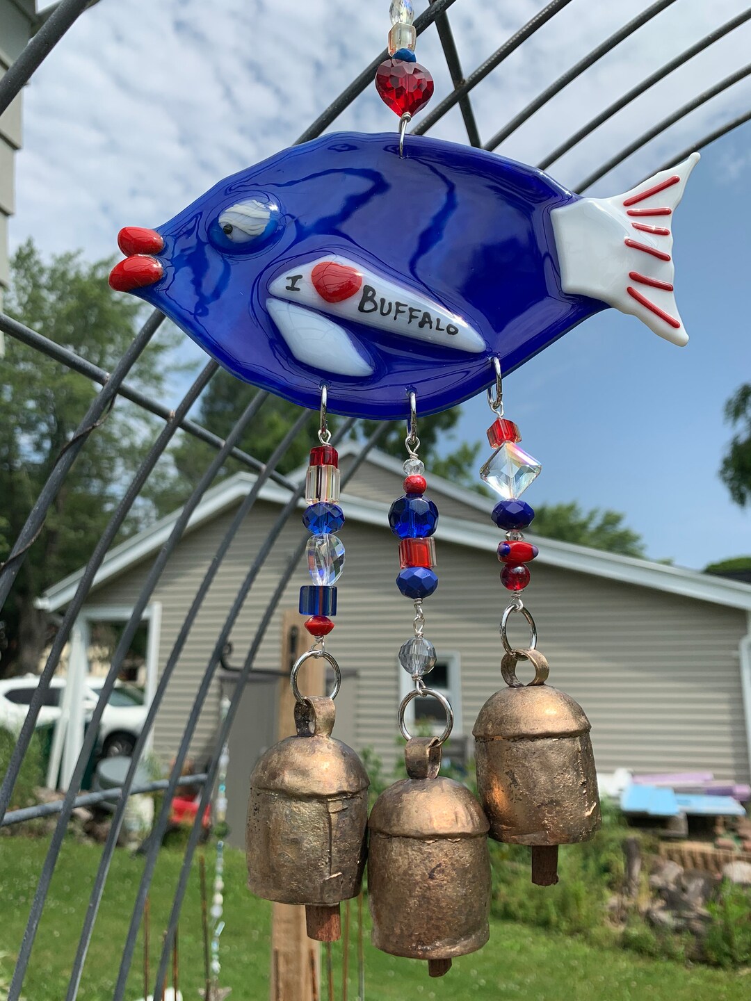 Go Fish Wind Chime I Heart Buffalo Fused Glass Wind Chime Garden Decor ...