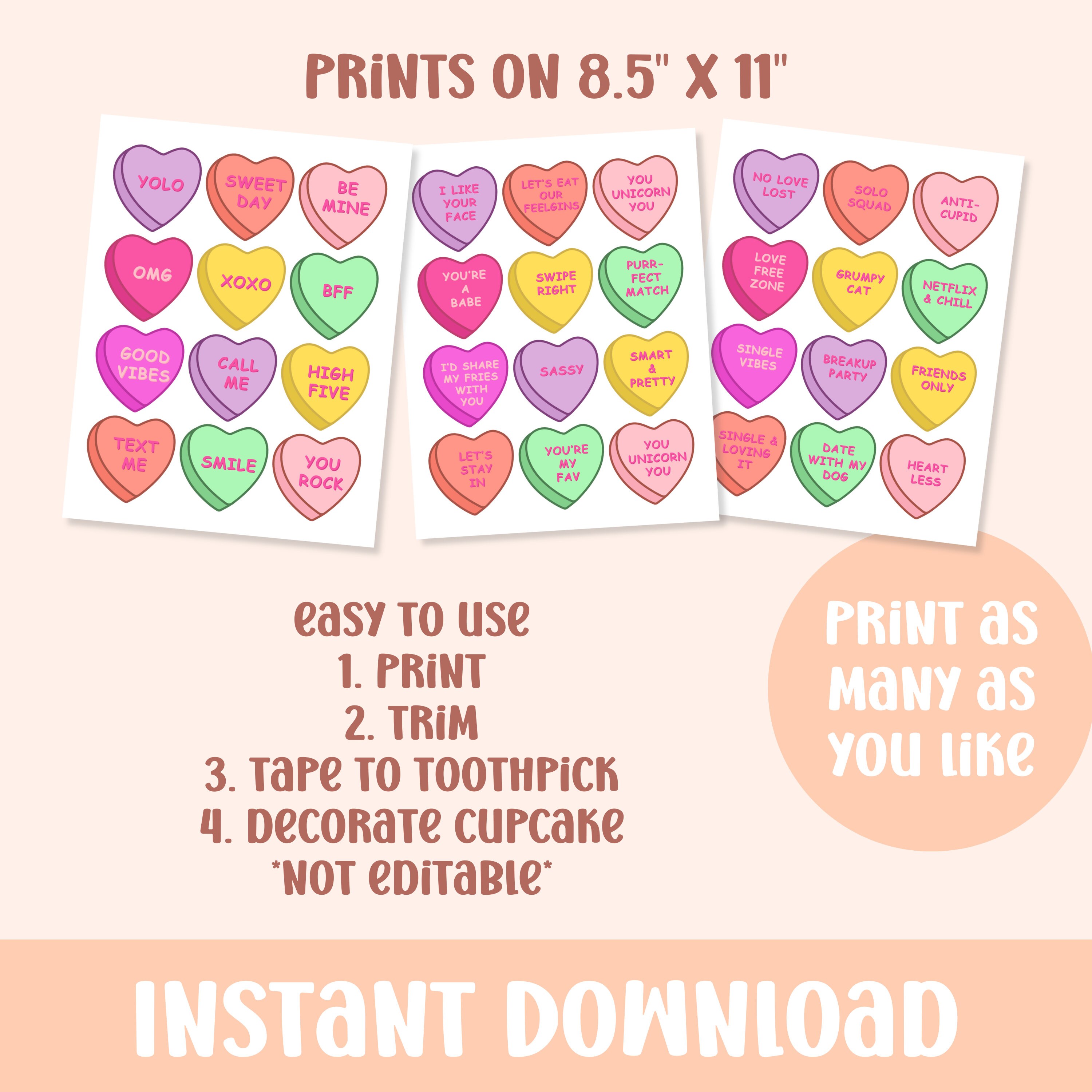 Printable Candy Heart Cupcake Topper for Valentines Day School Party ...