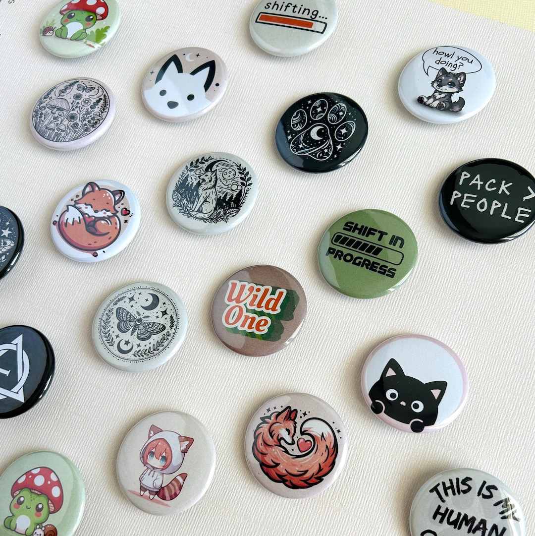 Therian Pin Back Button Set: Cottagecore Frog, Mushroom, Wolf, Fox ...