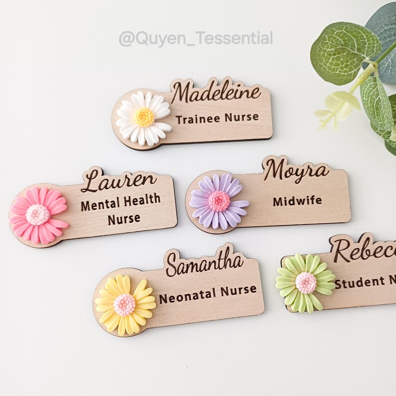 3D Daisy Wooden Name Badge: Personalized Teacher, Nurse, Doctor Gift - Etsy