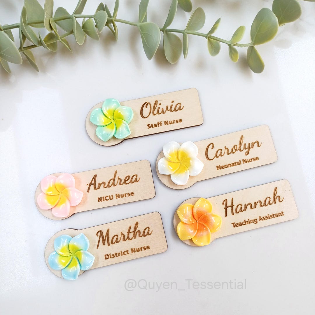 3D Frangipani Flower Name Badge, Personalised Wooden Name Tag Badge ...