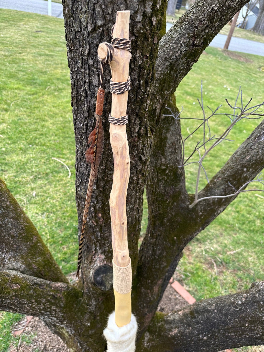 Cedar Staff Rabbit Fur Leather Pheasant Feathers Danish Cord and Hand ...