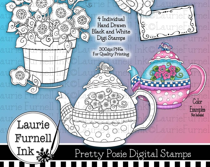 Floral Digital Stamps, Watering Can Digital Stamp, Digi Stamps, Adult ...