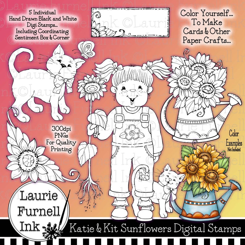 Little Girl Digital Stamps Kitty Digital Stamps Digi Stamps - Etsy