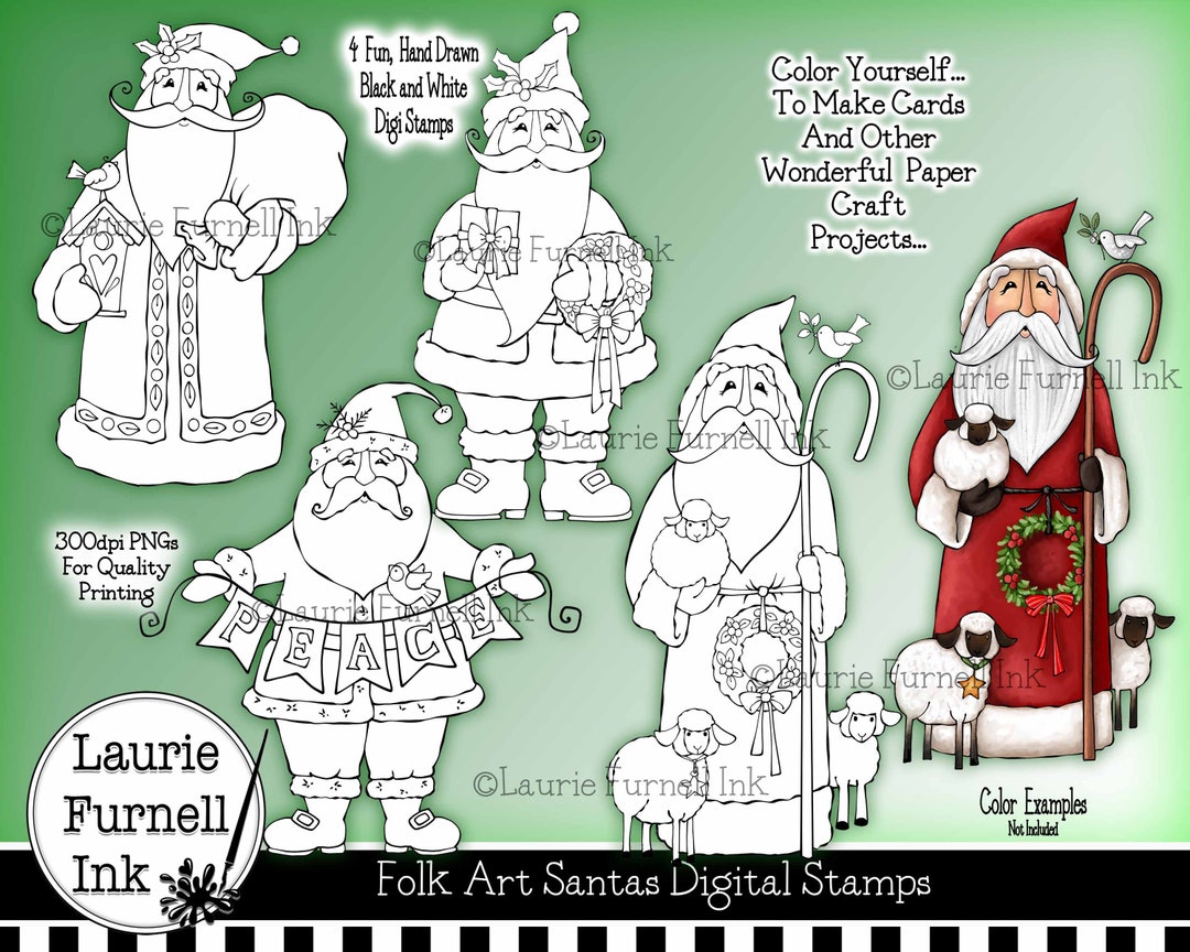 Folk Art Santa Digital Stamps, Country Santa Digi, Santa Line Art for ...