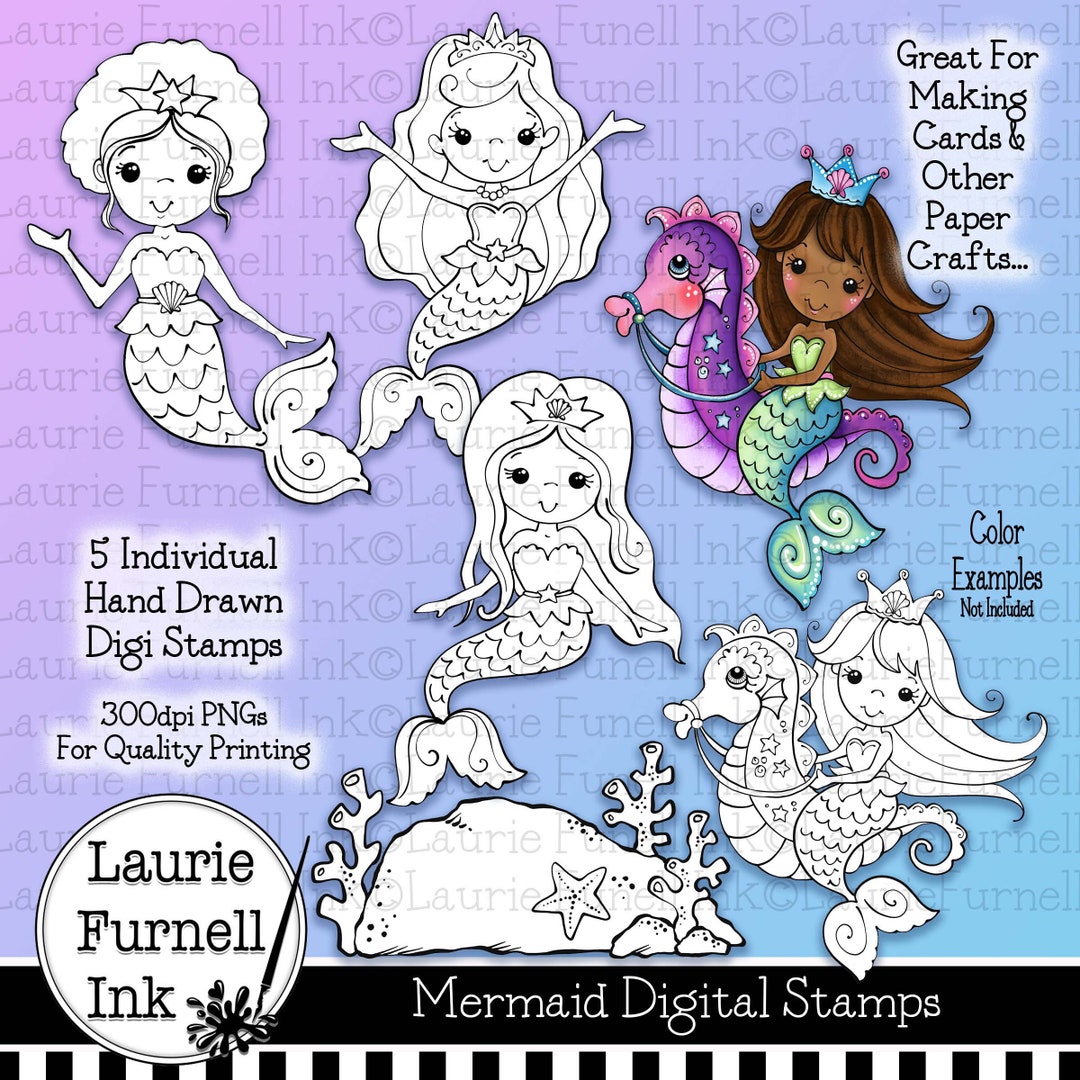 Mermaid Digital Stamp, Mermaid Digi Stamps, Digi Stamps, Adult Coloring ...