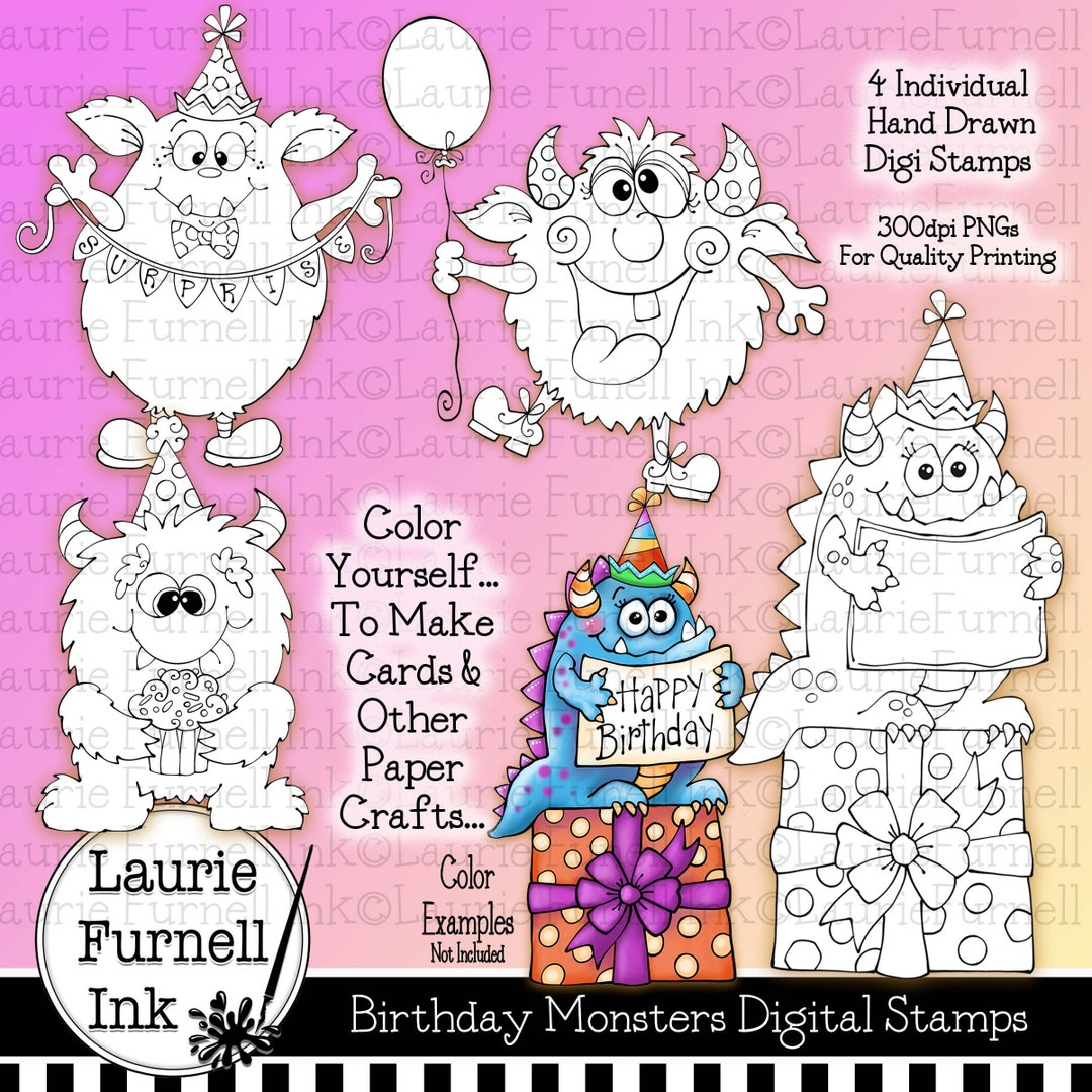 Cute Monster Digital Stamp, Monster Digis, Birthday Digis, Party Stamps ...