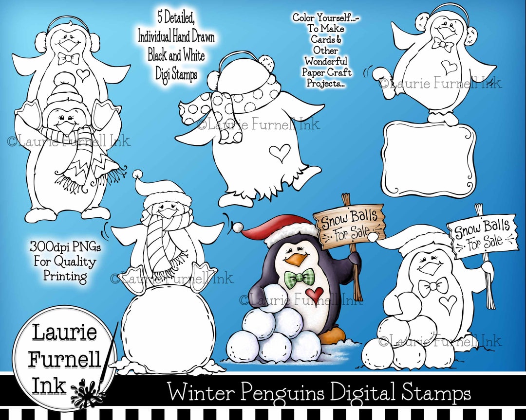 Holiday Penguin Digital Art, Cute Penguin Digi Stamp, Penguin Line Art ...