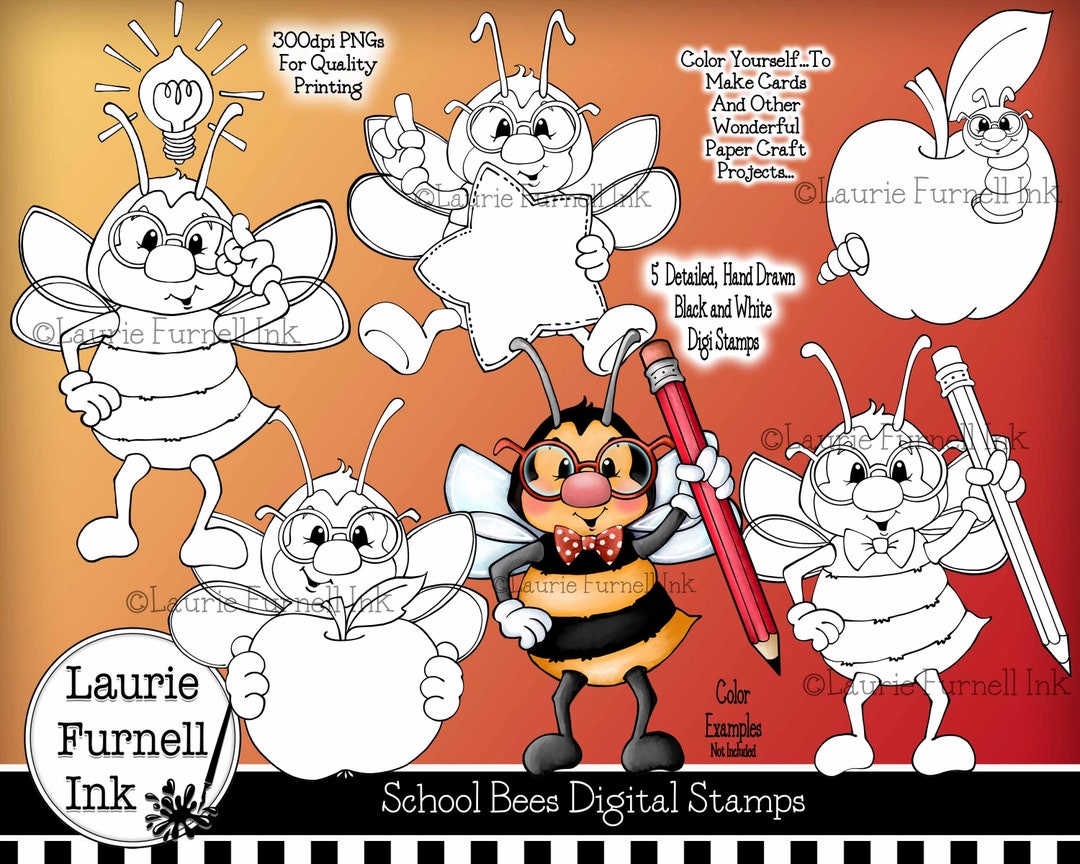 School Digi Stamp, Cute Bee Digital Stamp, Teacher Digi Stamp, Card ...