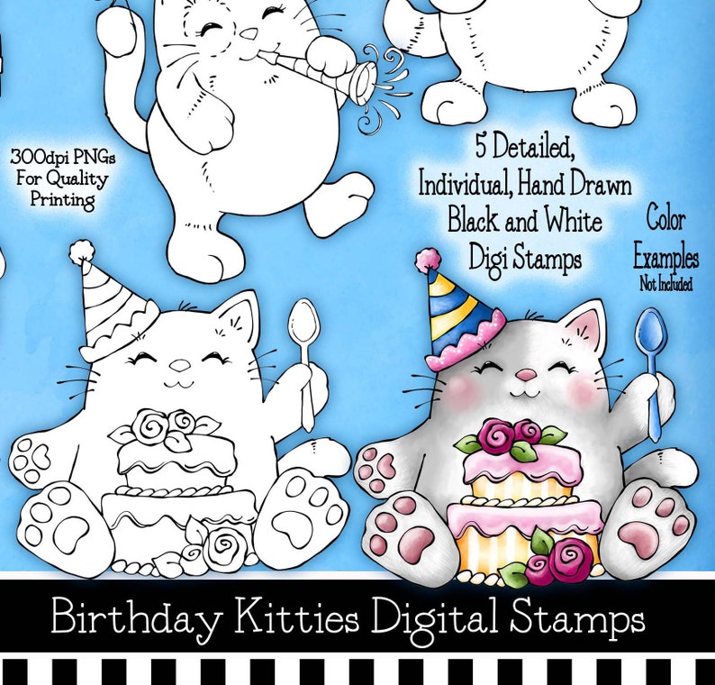Birthday Digi Stamps/birthday Kitties Stamps/cat Digi | Etsy