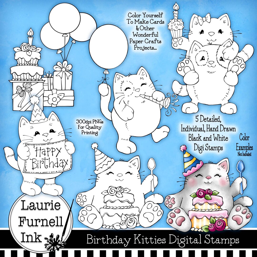 Birthday Digi Stamps/birthday Kitties Stamps/cat Digi Stamps/cat Digi ...