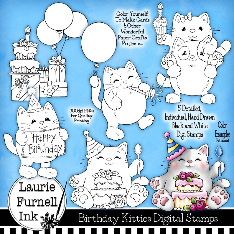 Birthday Digi Stamps/birthday Kitties Stamps/cat Digi - Etsy