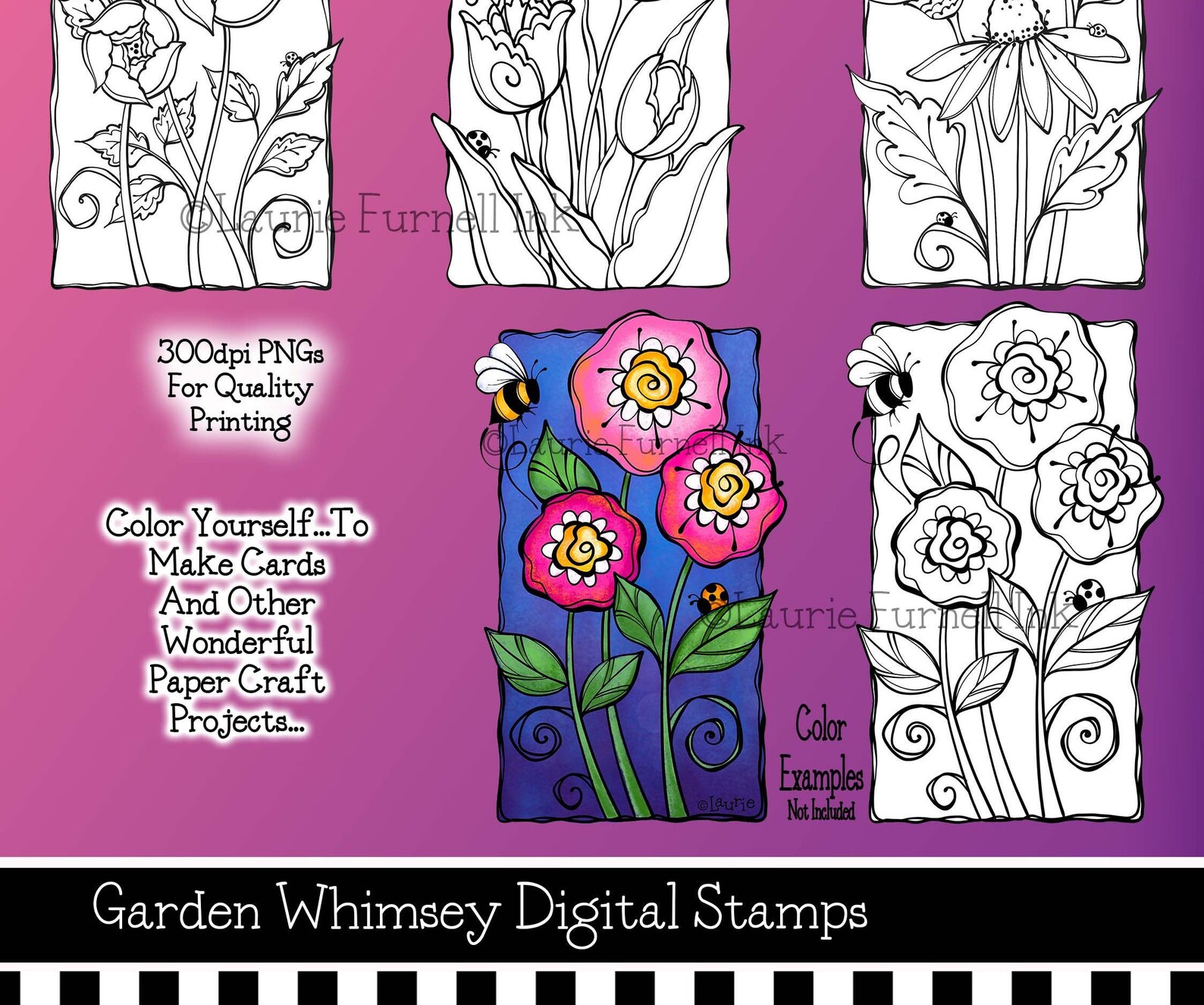 Whimsical Flower Digital Stamp Flower Digis Black Line Art - Etsy