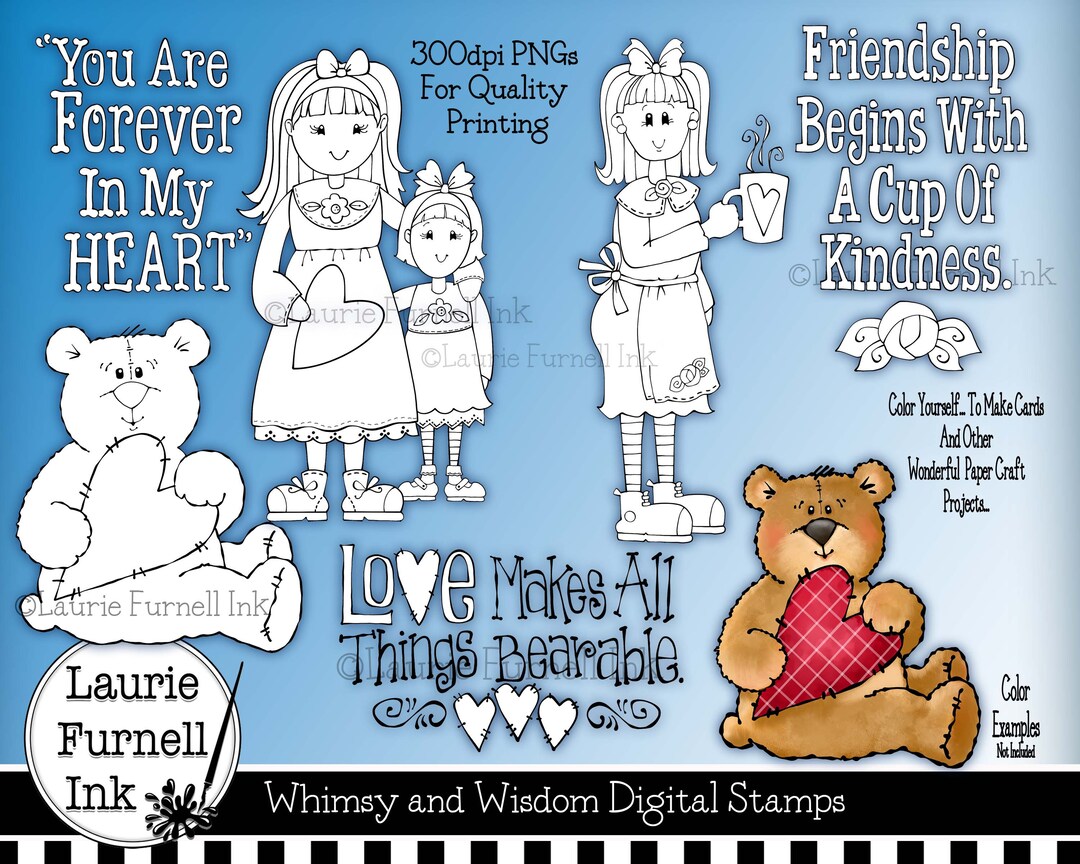 Cute Digital Art for Coloring, Digi Stamp Sentiments, Mom and Daughter ...