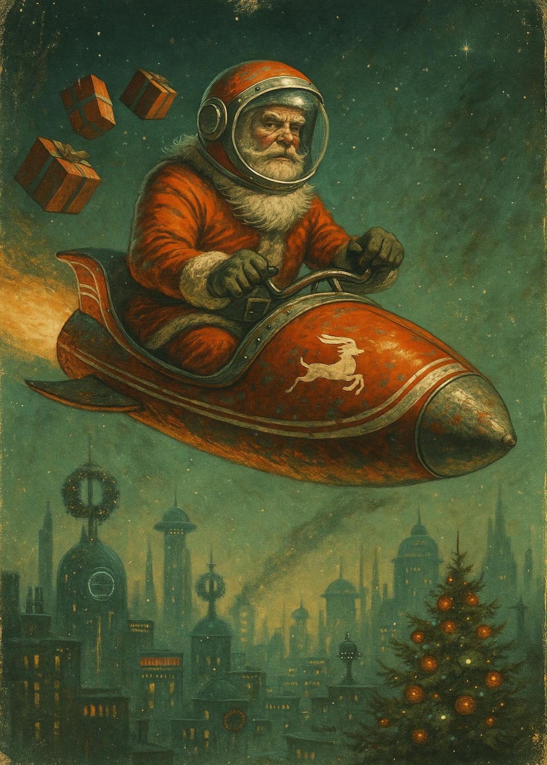 Cosmic Claus Christmas Card – Retro Sci-fi Santa Rocket, Atomic Age ...