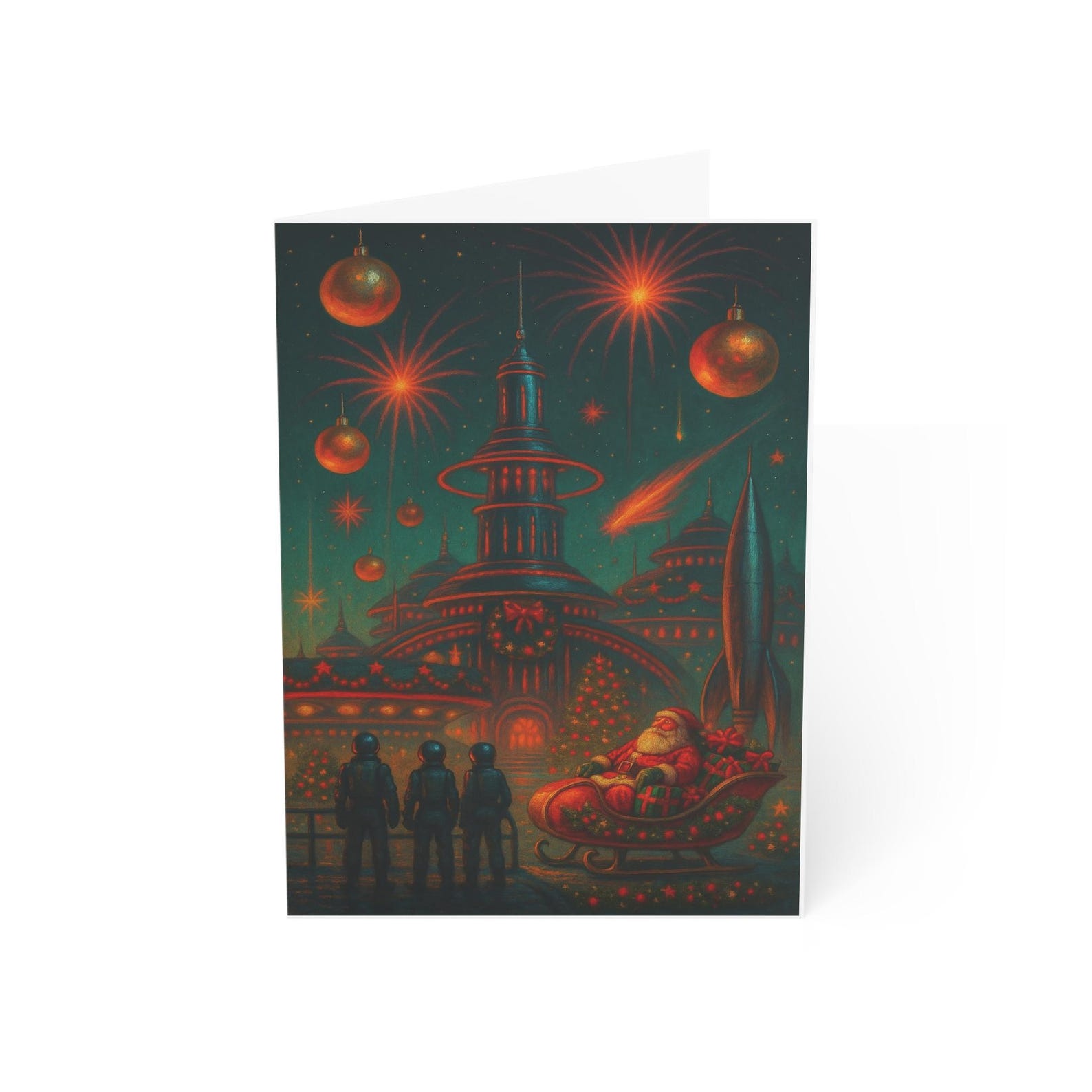 Retro Futurism Christmas Card – Pop Surreal Space Santa, Rocket City ...