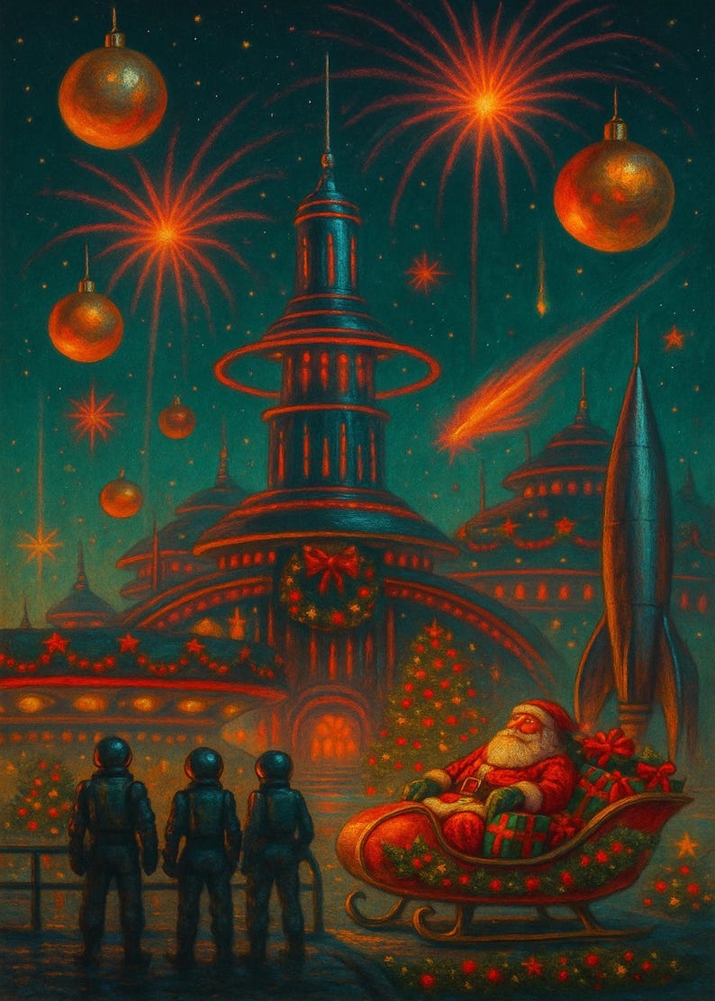 Retro Futurism Christmas Card – Pop Surreal Space Santa, Rocket City ...
