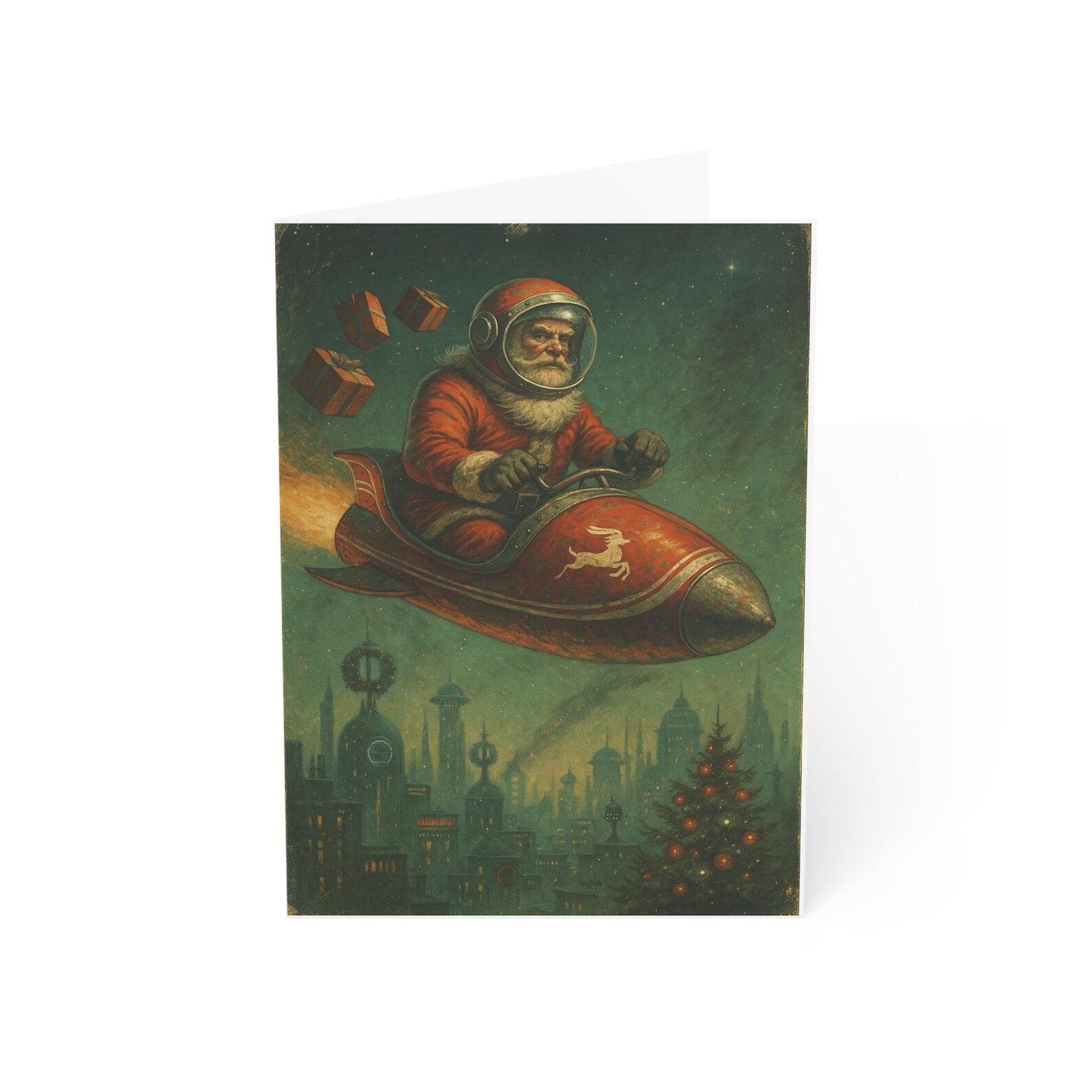 Cosmic Claus Christmas Card – Retro Sci-fi Santa Rocket, Atomic Age ...