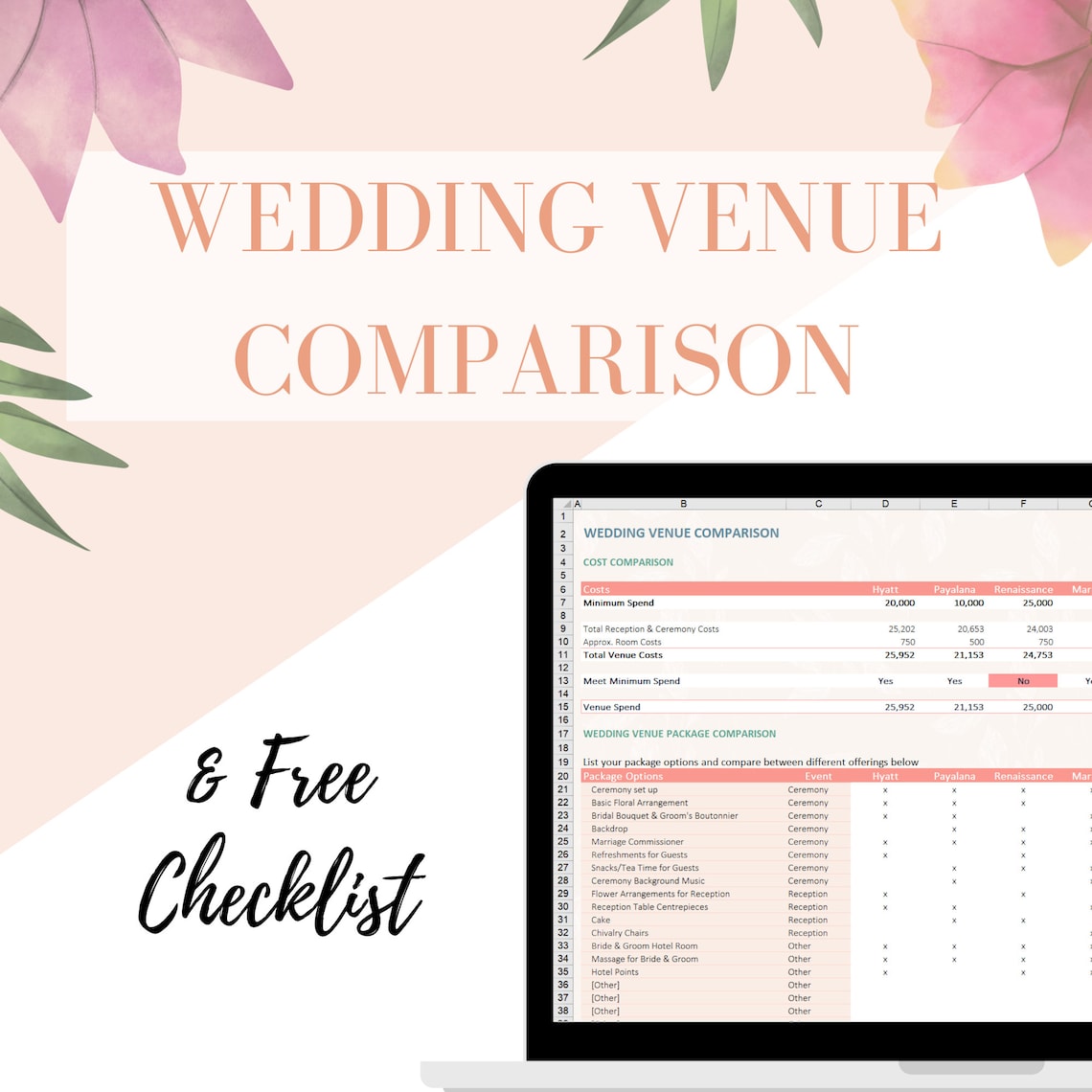 Wedding Venue Price Comparison Planner Template With Free | Etsy Canada