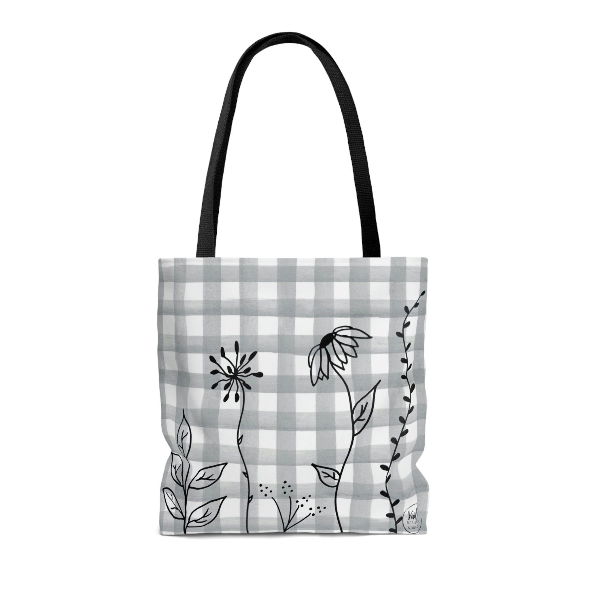 Wildflower Tote Bag Gray Checkered Bag Plaid Bag Tote Bag Gift Shopping ...