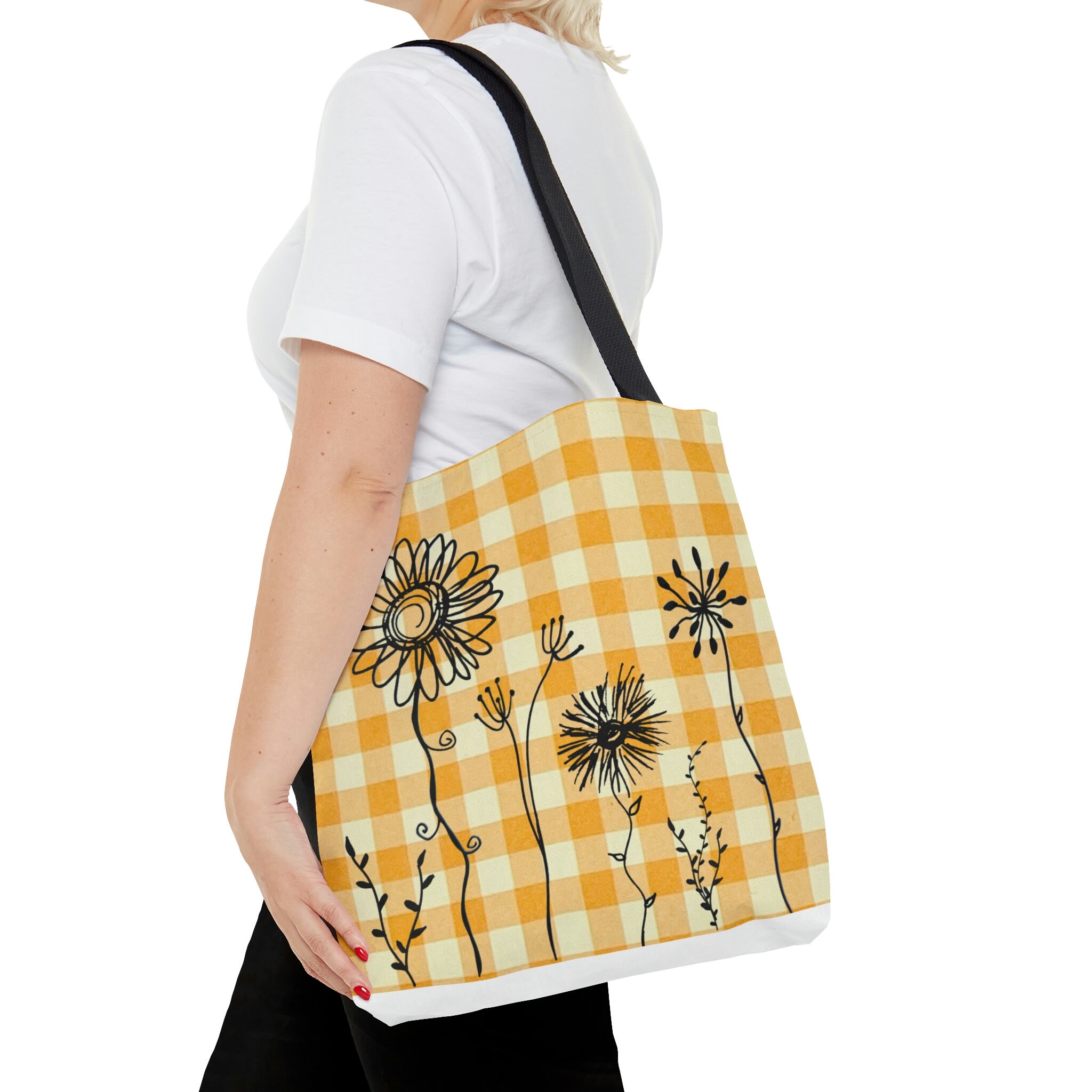 Wildflower Tote Bag | Yellow Checkered Bag | Plaid Bag | Tote Bag Gift ...