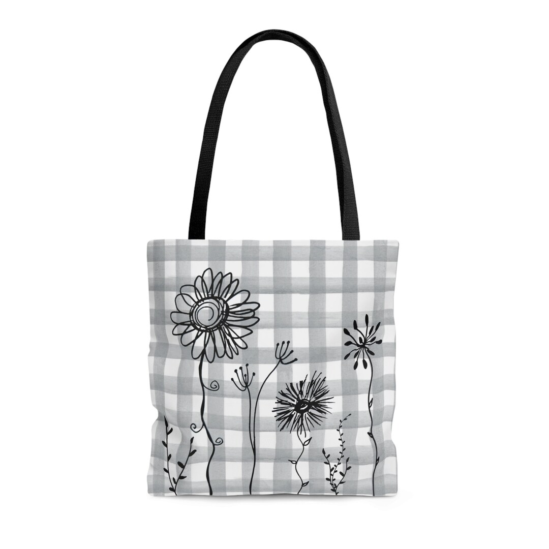Wildflower Tote Bag Gray Checkered Bag Plaid Bag Tote - Etsy