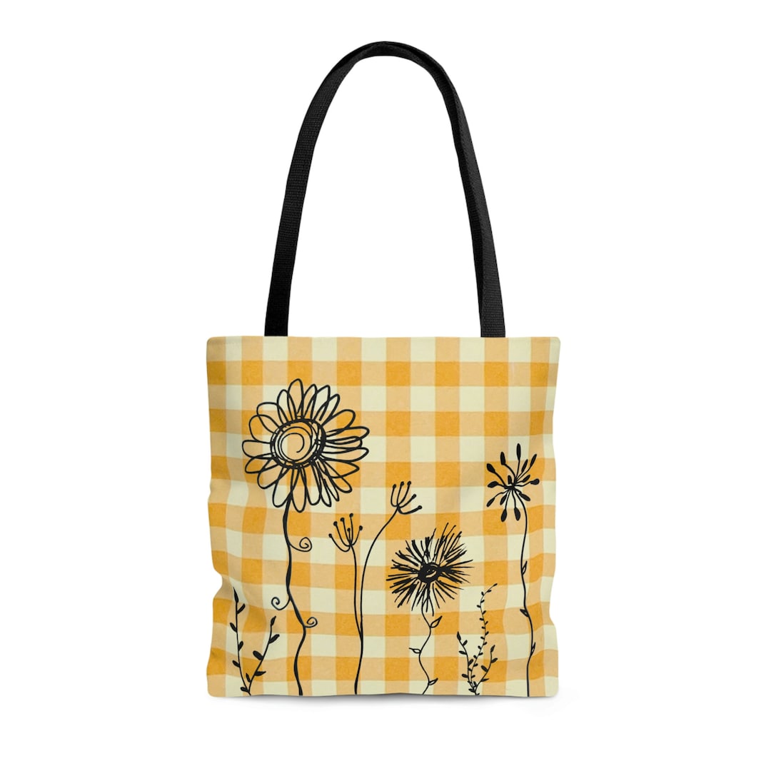 Wildflower Tote Bag | Yellow Checkered Bag | Plaid Bag | Tote Bag Gift ...
