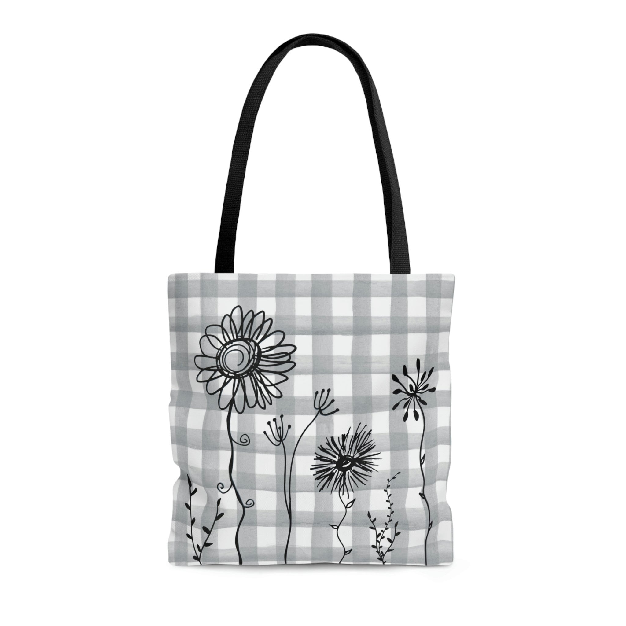 Wildflower Tote Bag | Gray Checkered Bag | Plaid Bag | Tote Bag Gift ...