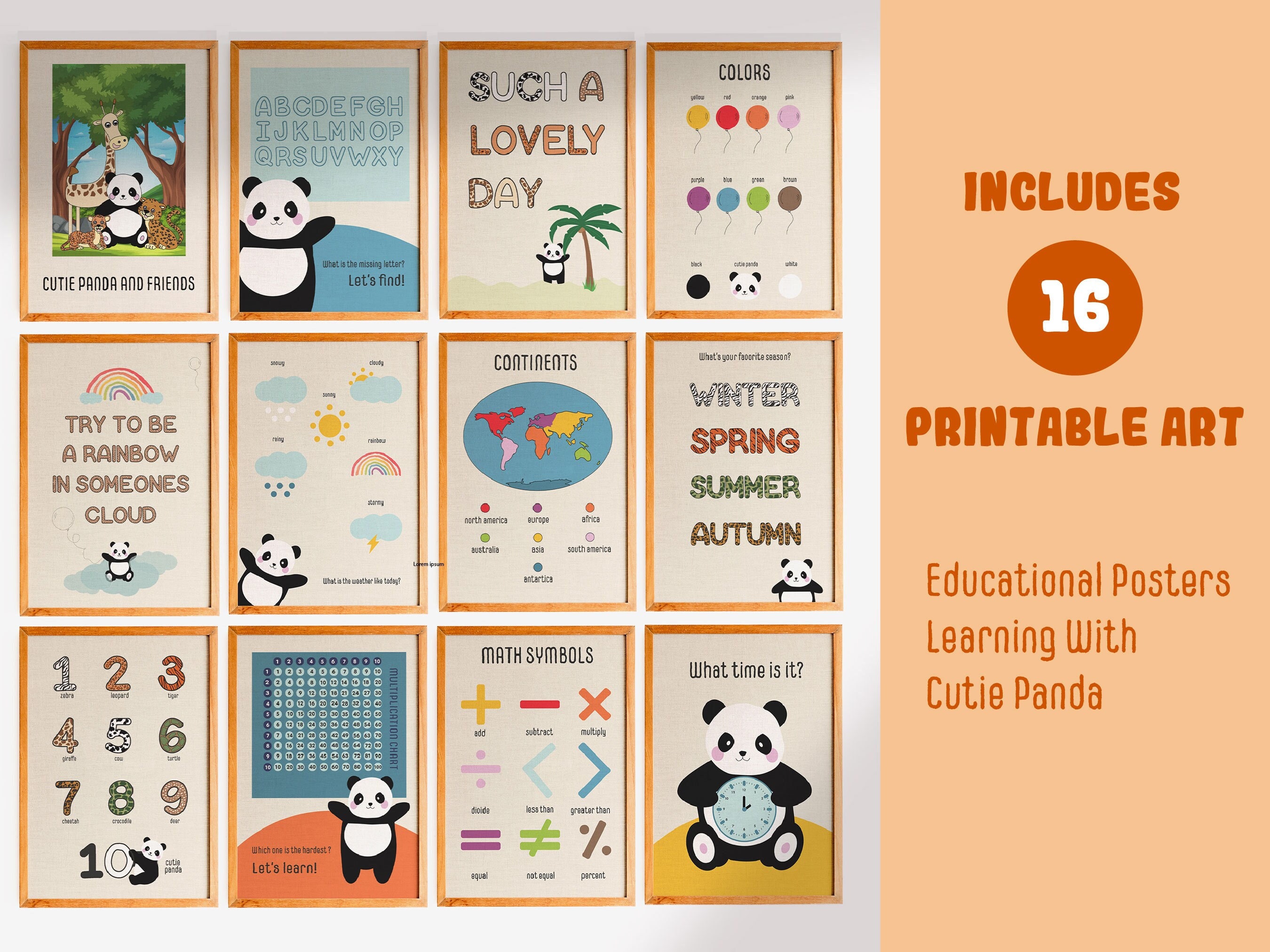 16 Set of Educational Poster Panda Homeschool Print Learning - Etsy