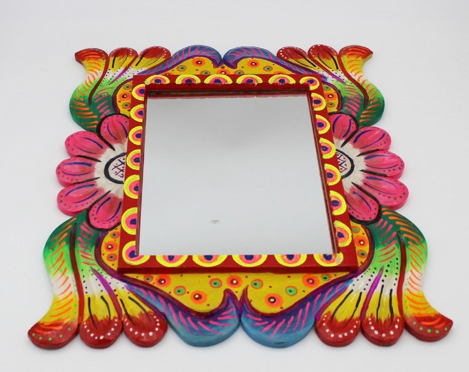 Handmade Wood Framed Mirror, Handpainted Mirror, Blue Green Flowers ...