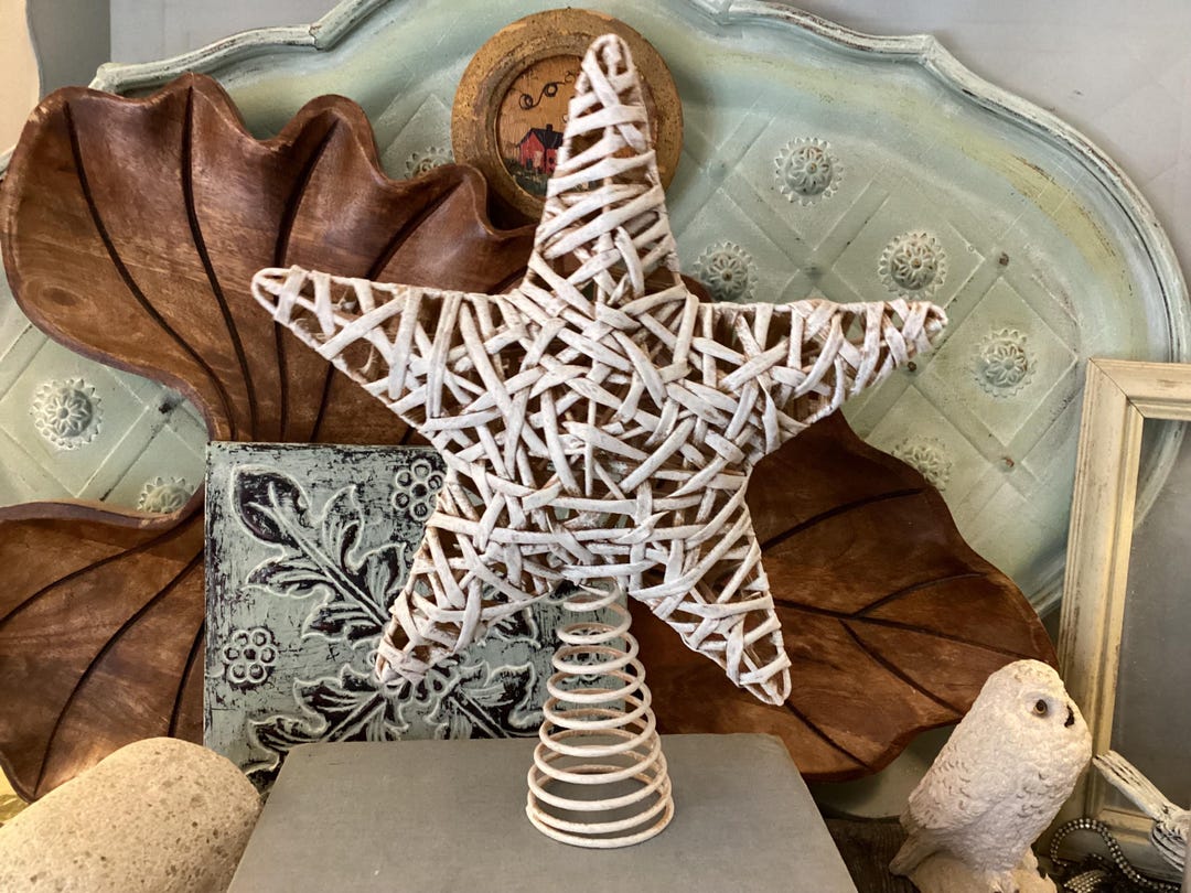 Wicker Distressed Star Tree Topper White Shabby Chippy Farmhouse ...