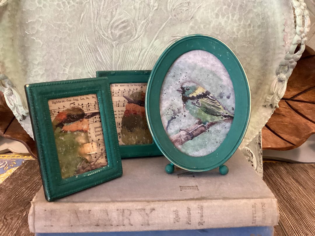 Frames Set of 3 Small Shabby Chippy Birds in Frames Green French ...