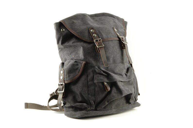Large Canvas Backpack With Canvas Flap and Leather Trim - Etsy