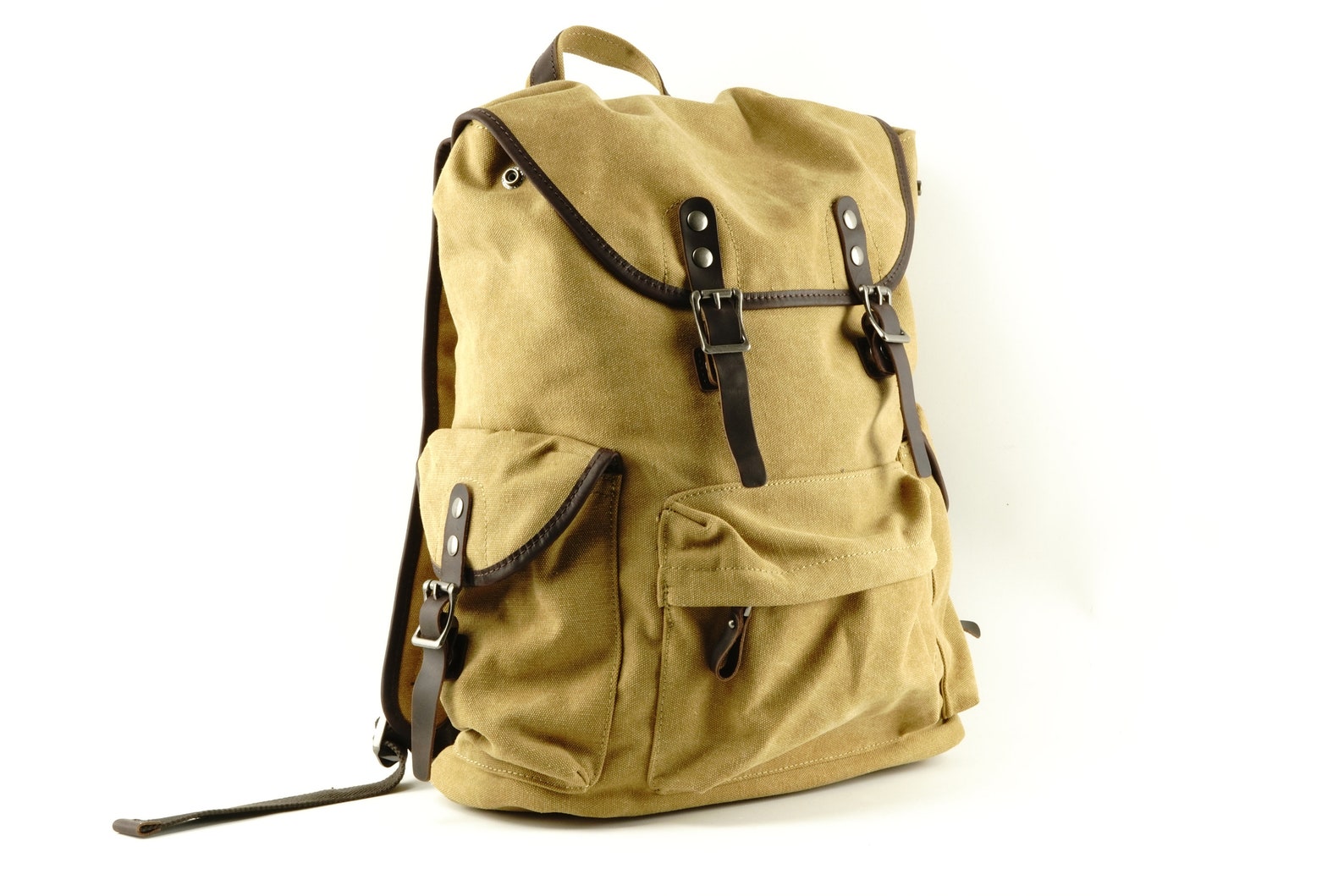 Large Canvas Backpack With Canvas Flap and Leather Trim, Multiple ...