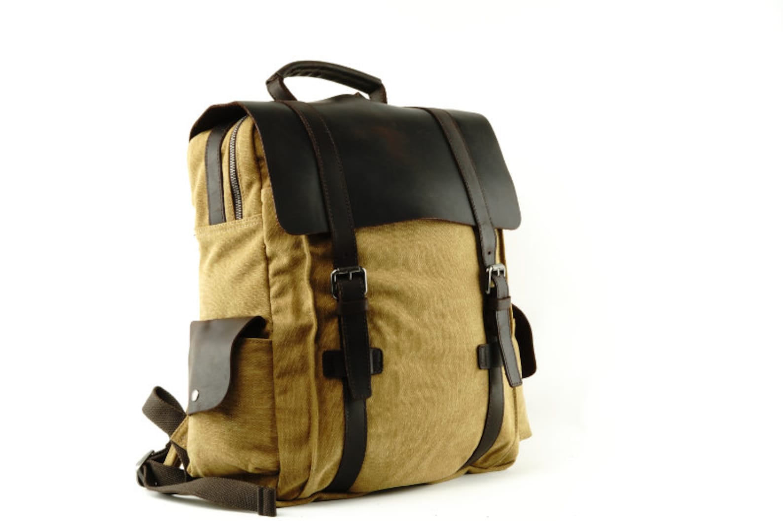 Large Canvas Backpack With Smooth One-piece Dark Leather Flap - Etsy