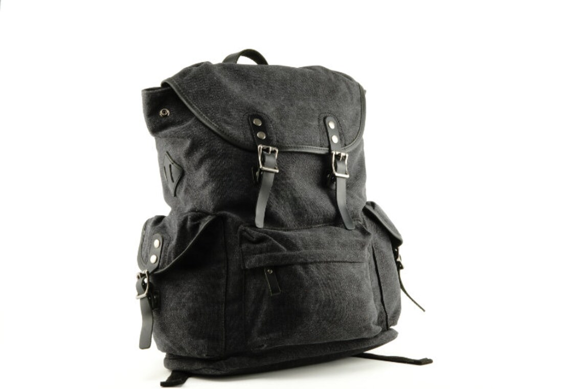 Large Canvas Backpack with Canvas Flap and Light Leather Trim | Etsy