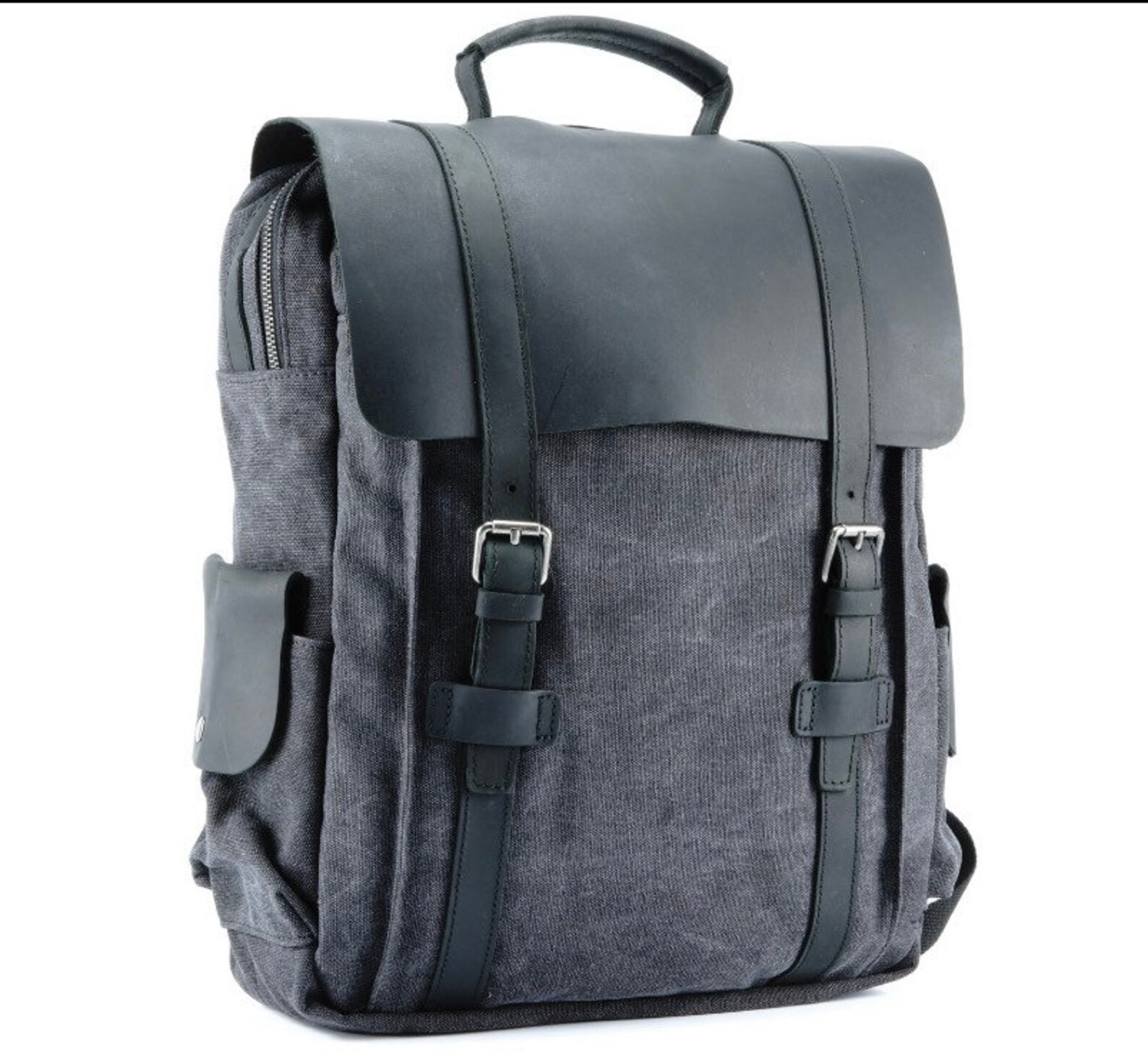 Large Canvas Backpack With Smooth One-piece Dark Leather Flap - Etsy