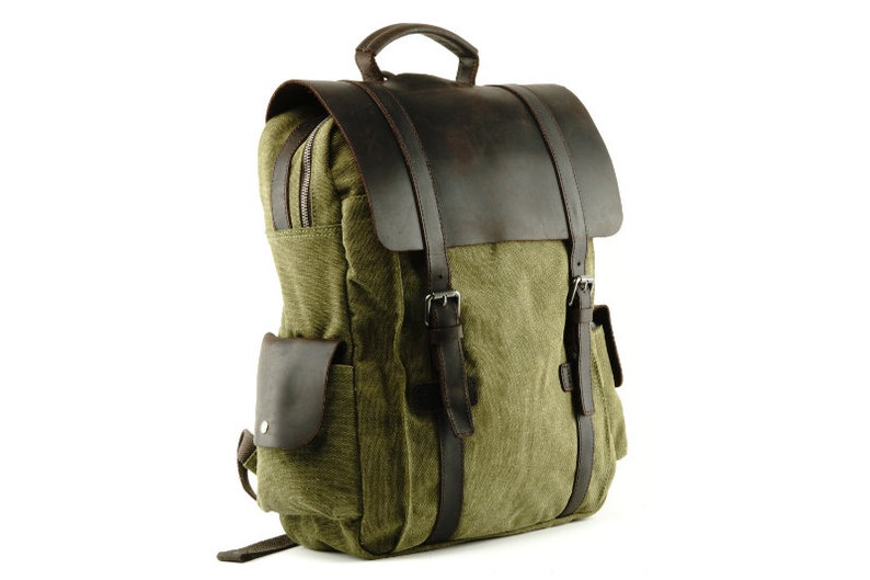 Large Canvas Backpack With Smooth One-piece Dark Leather Flap - Etsy