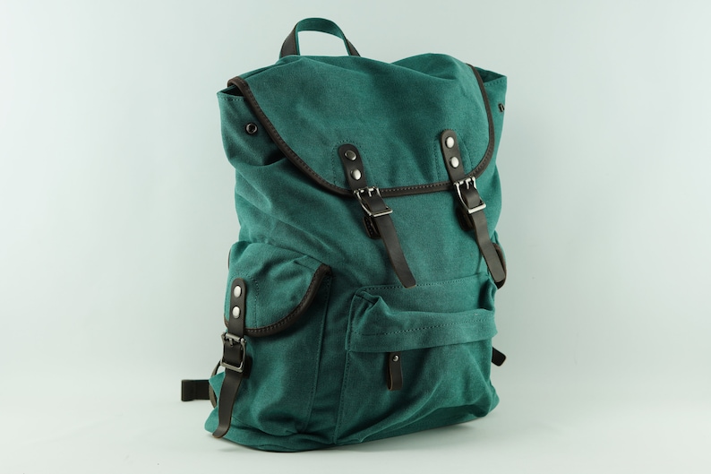 Large Canvas Backpack With Canvas Flap and Leather Trim | Etsy