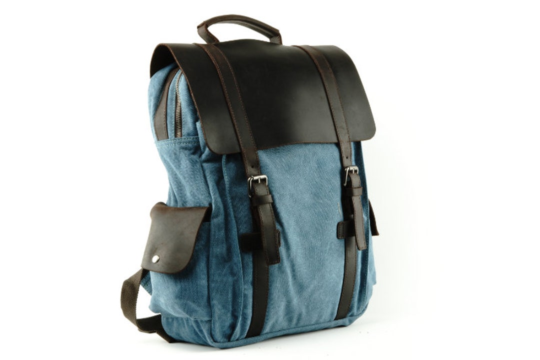 Large Canvas Backpack With Smooth One-piece Dark Leather Flap - Etsy