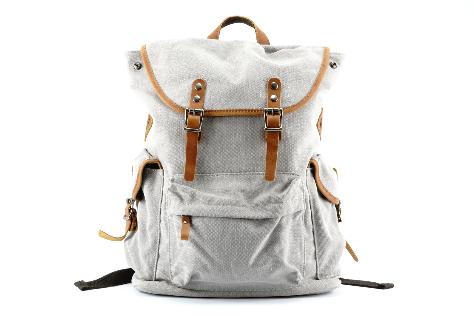 Large Canvas Backpack with Canvas Flap and Light Leather Trim | Etsy