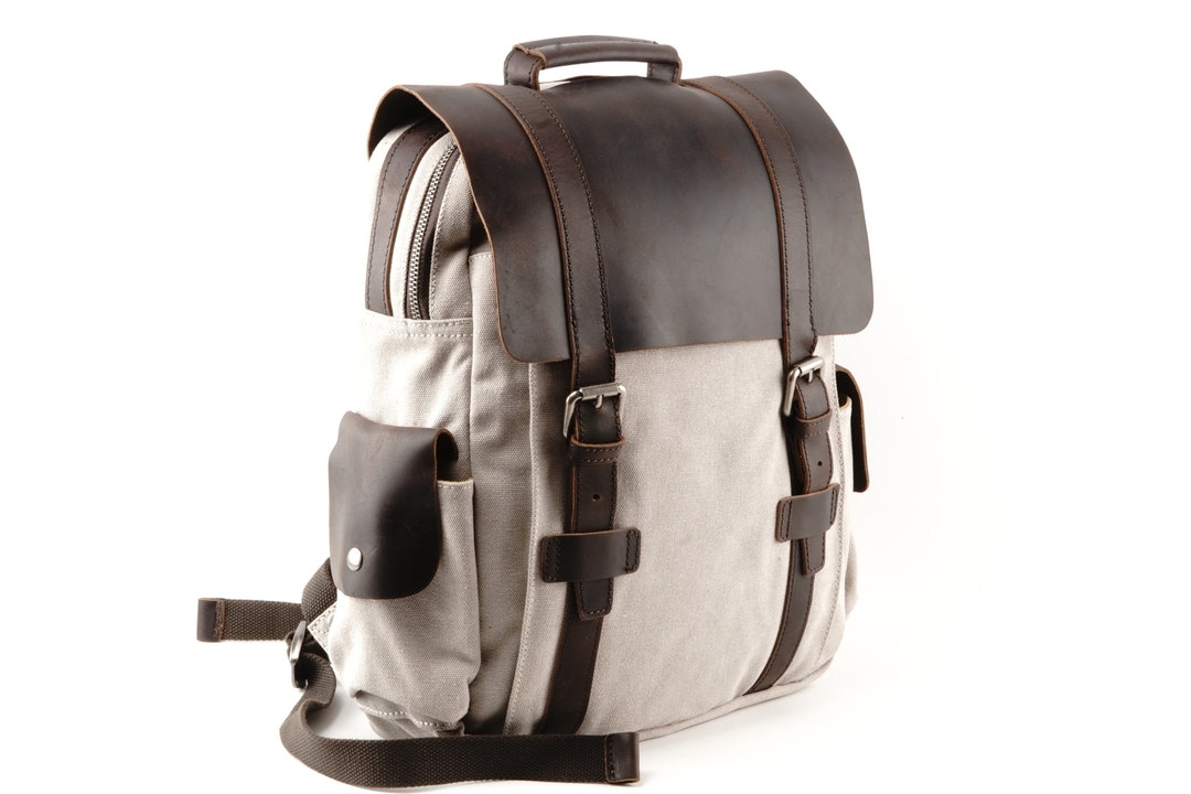 Small Canvas Laptop Backpack With Smooth One-piece Leather Flap, Fits ...