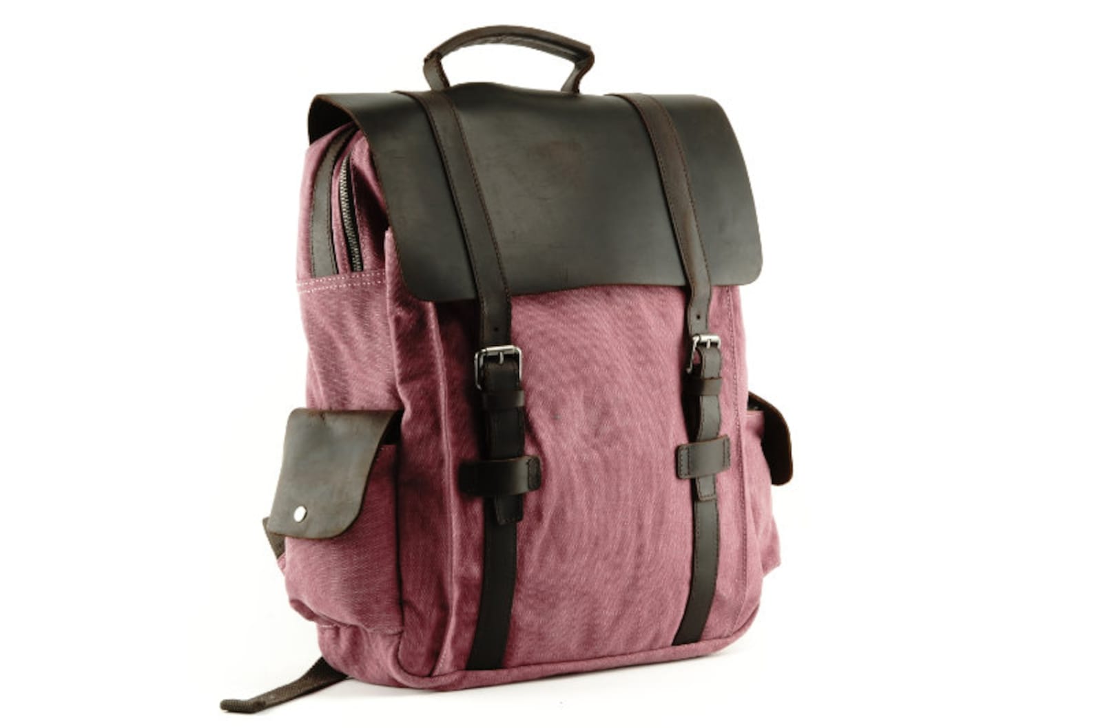 Large Canvas Backpack With Smooth One-piece Dark Leather Flap - Etsy