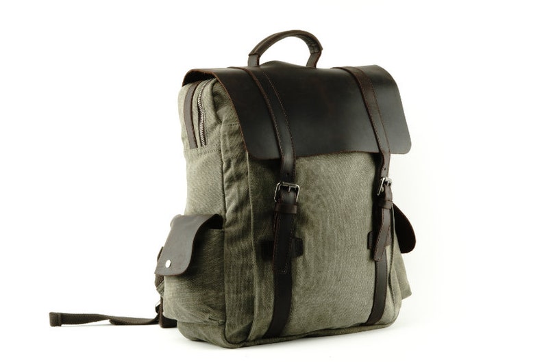 Large Canvas Backpack With Smooth One-piece Dark Leather Flap - Etsy