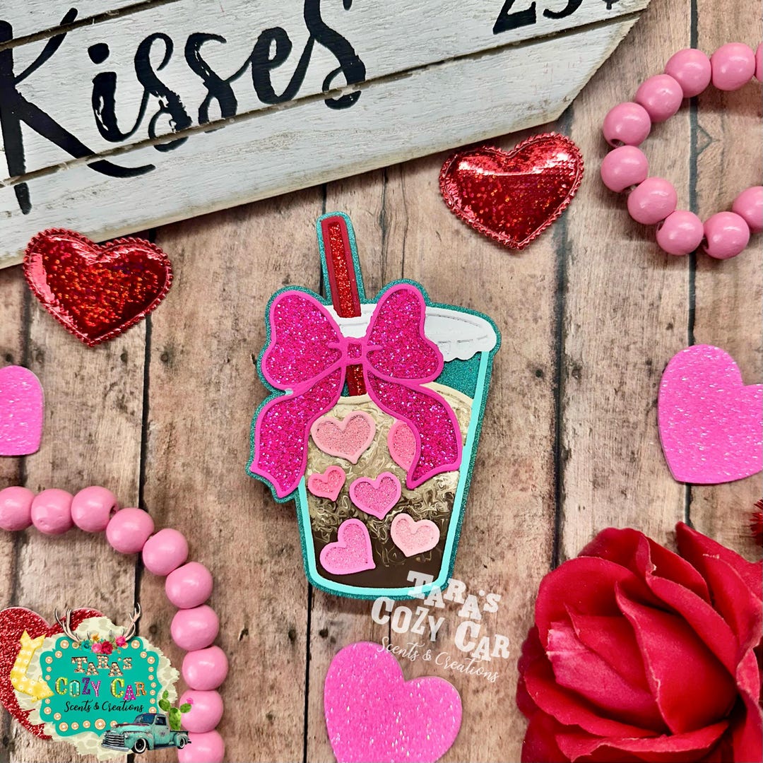 Iced Coffee With Hearts and Bow Car Freshie, Car Scent, Air Freshener ...