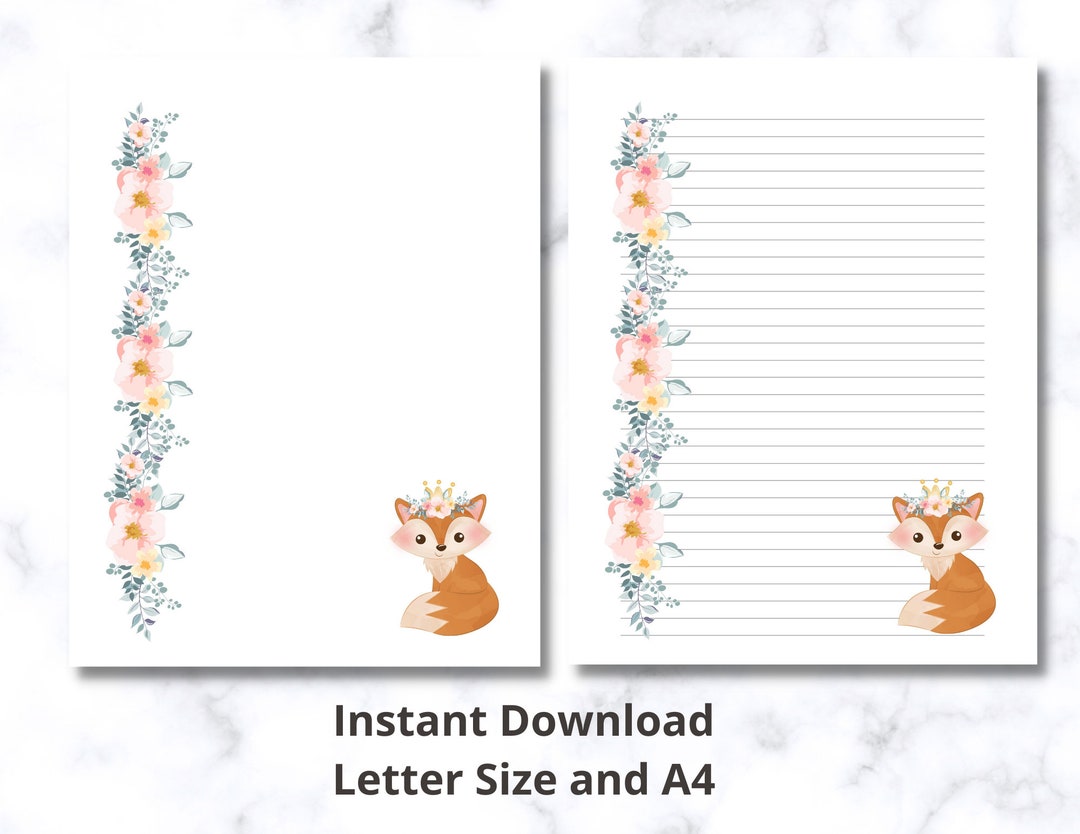 Fox With Florals Printable Stationery| Printable Kawaii Stationery ...