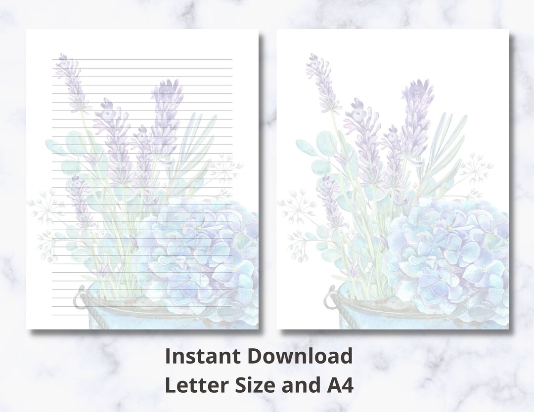 Blue Hydrangeas and Lavender Flowers Printable Stationery| Floral ...