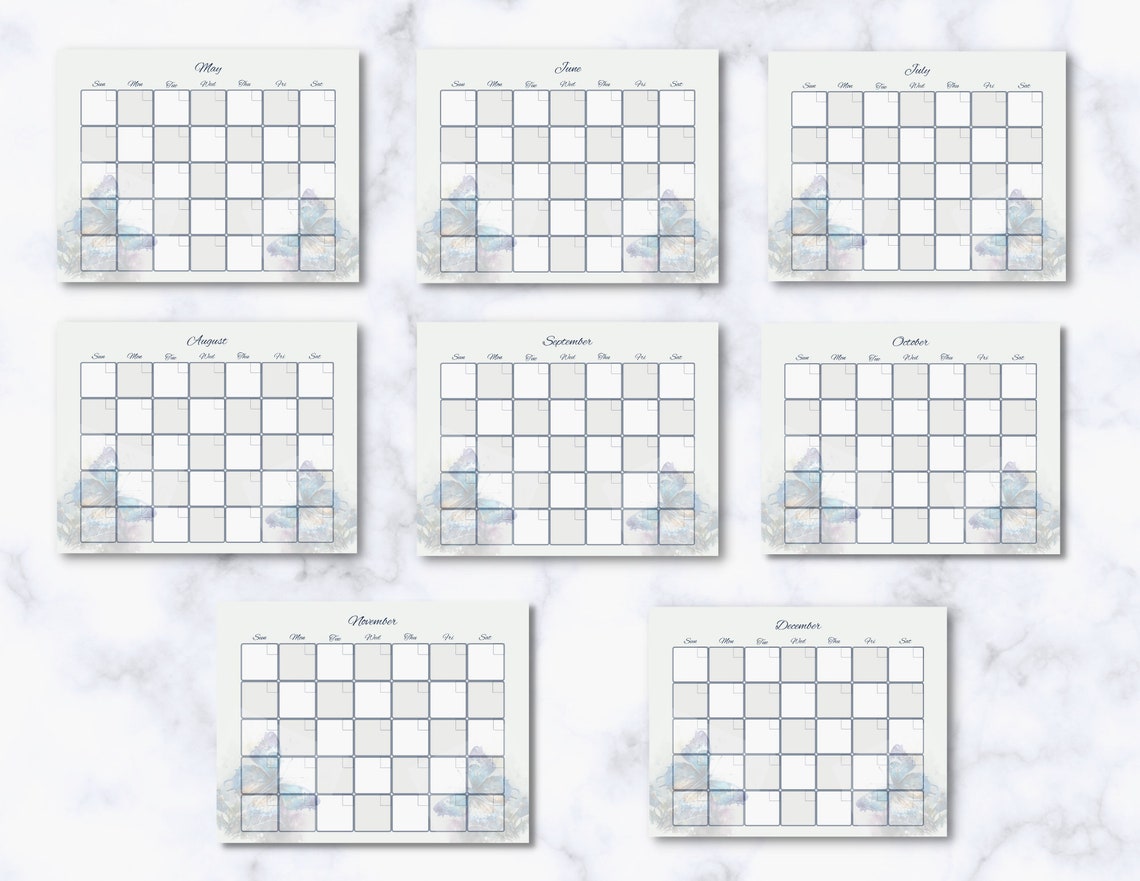 Undated Blue Butterflies Printable Calendar| Undated Calendar ...