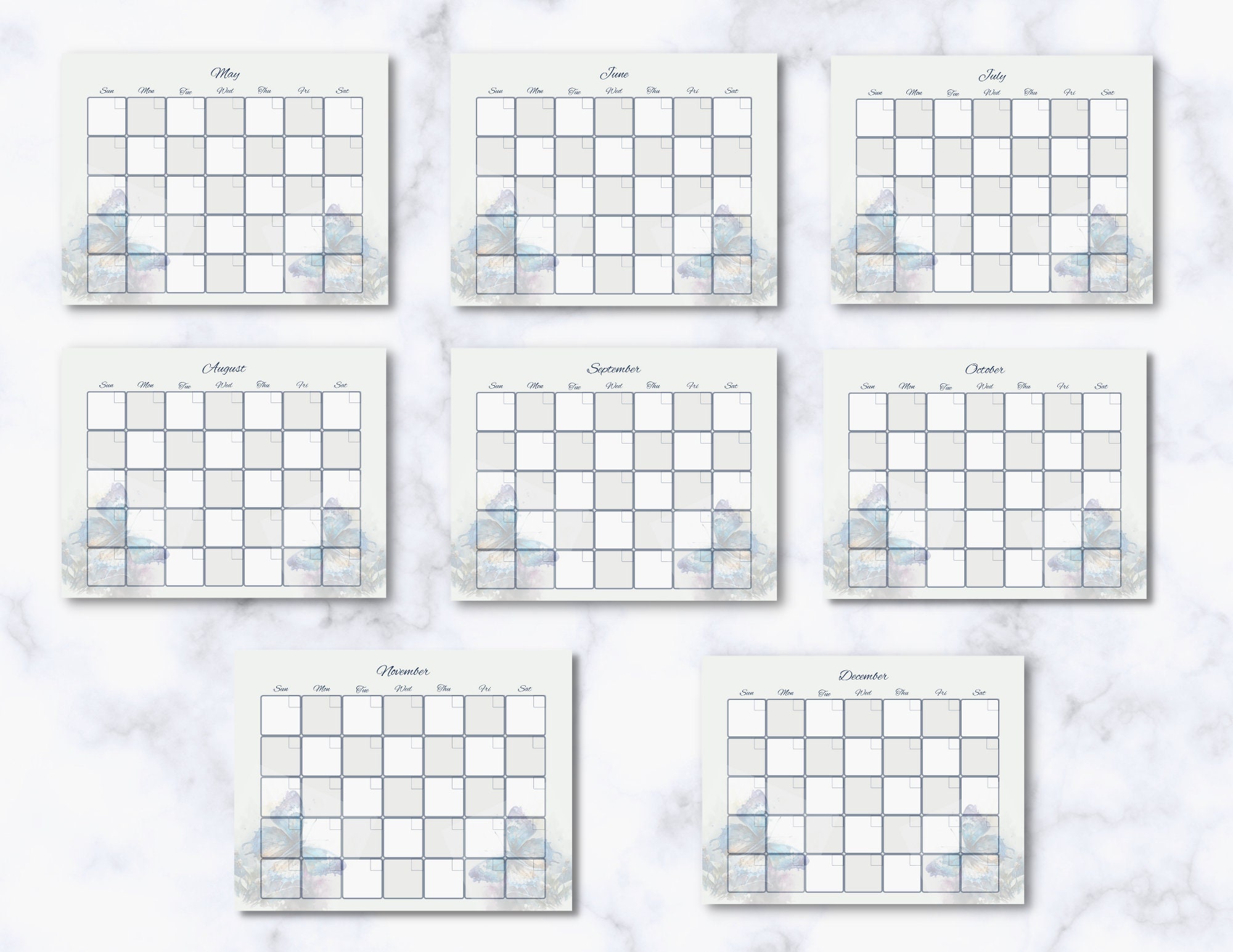 Undated Blue Butterflies Printable Calendar Undated Calendar Butterfly ...